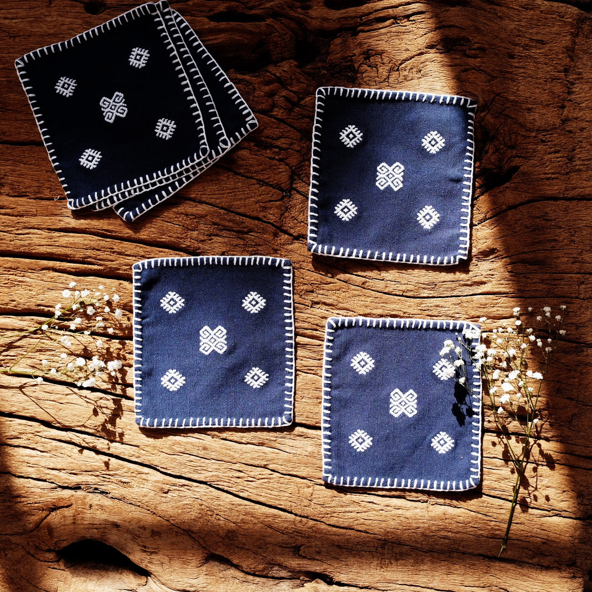 Hand embroidered coaster set, NAVY BLUE Made in Mexico – Project Artefakto